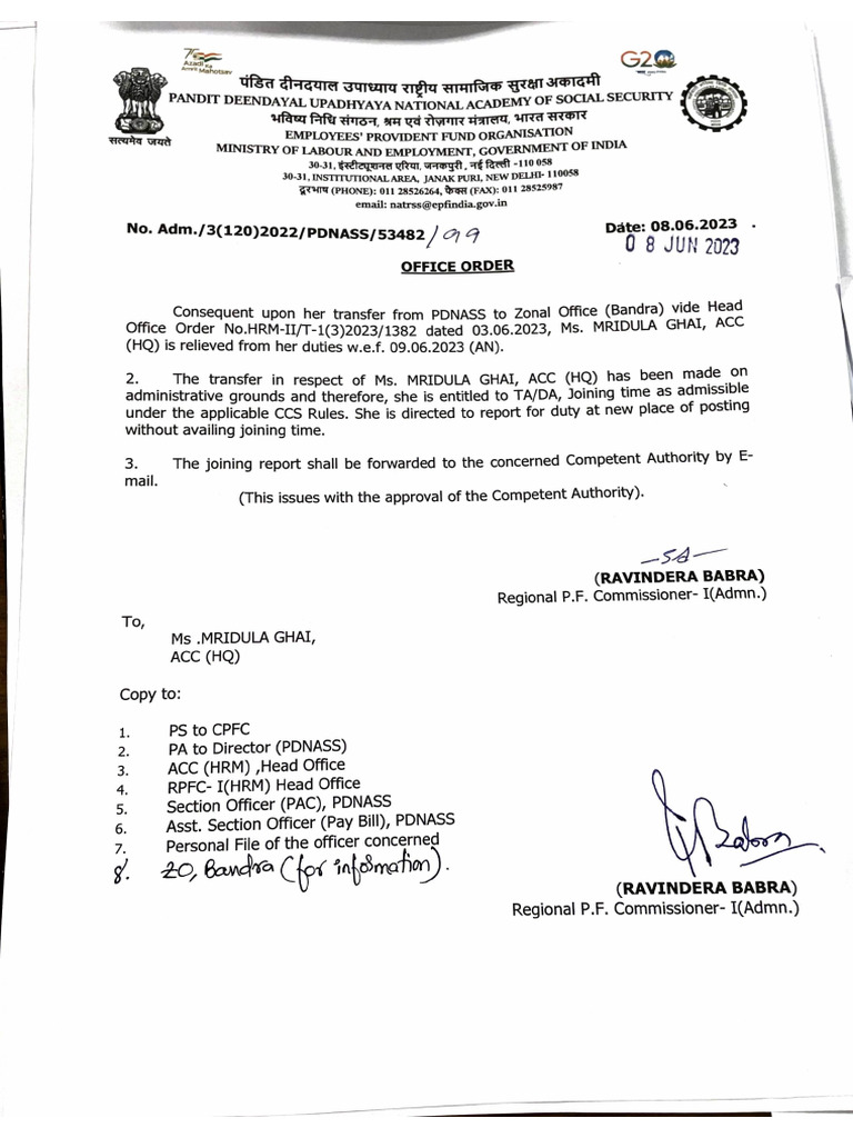 Relieving Order MsMridulaGhai ACCHQ | PDF