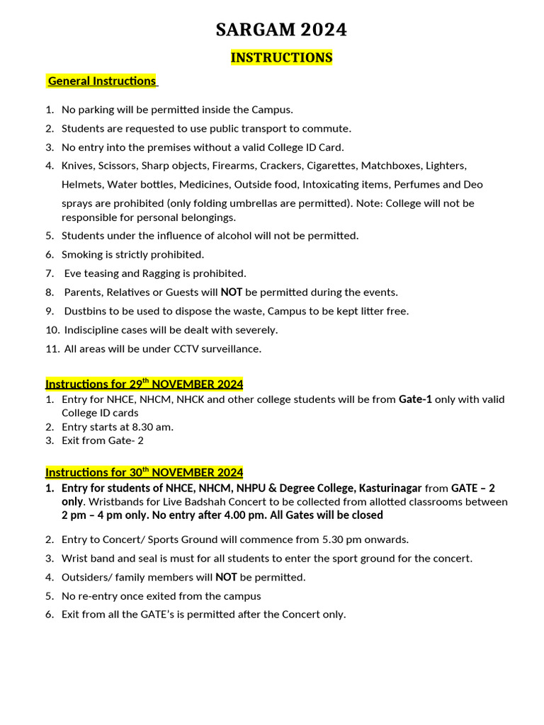 Instructions For Sargam 2024 - Students | PDF
