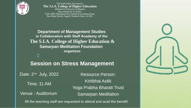 Stress Management Session at S.I.A. College | PDF
