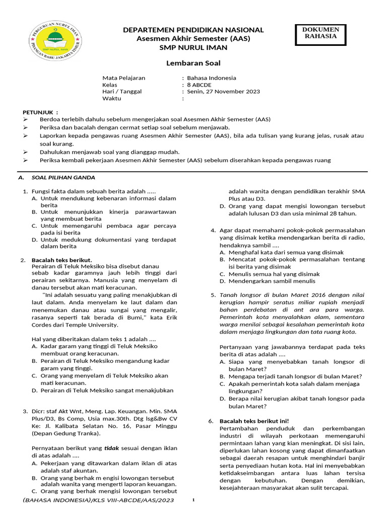 SOAL AAS B.Indonesia Kls 8ABCDE 2023-2024 | PDF