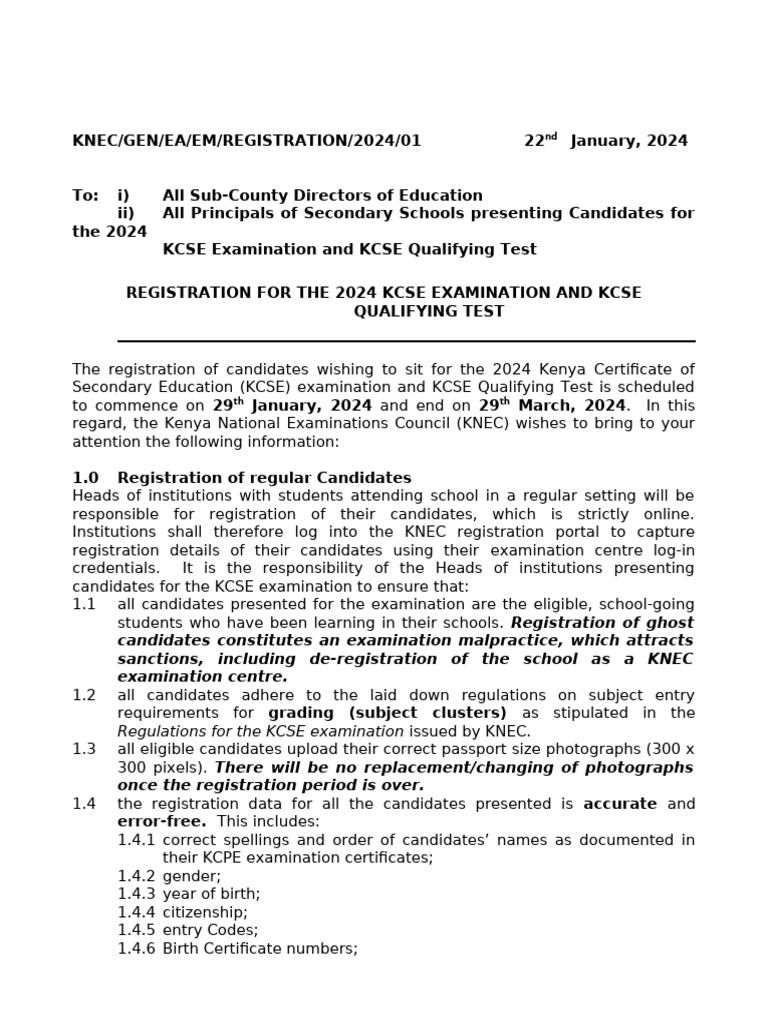2024 KCSE & QT REGISTRATION CIRCULAR 19th Jan. 2024 | PDF | Visual Impairment