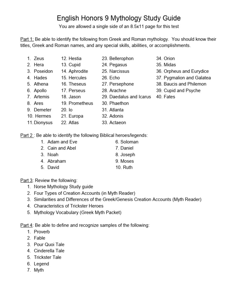 9H Mythology Study Guide | PDF