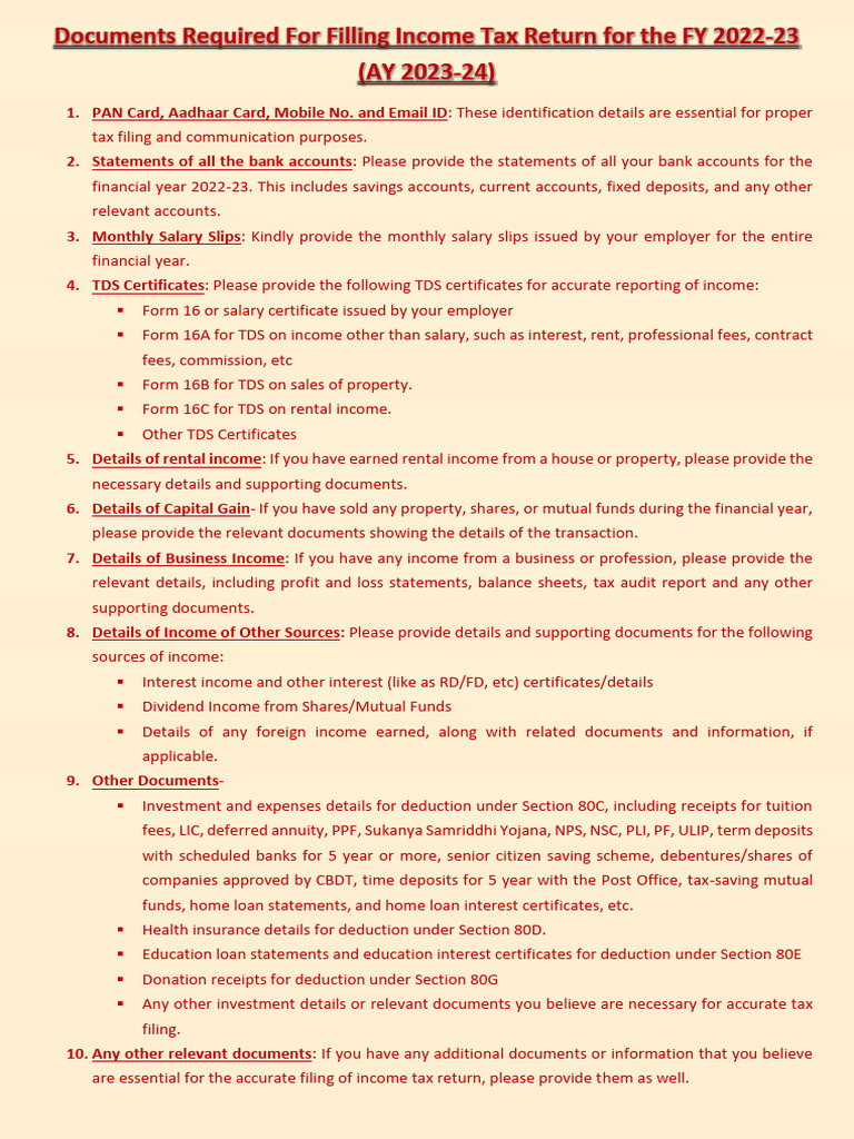 Income Tax Return Documents FY 2022-23 | PDF | Income | Taxes