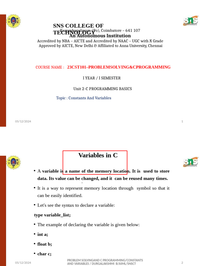 4.Constants, Variables | PDF | Variable (Computer Science) | Computer Science