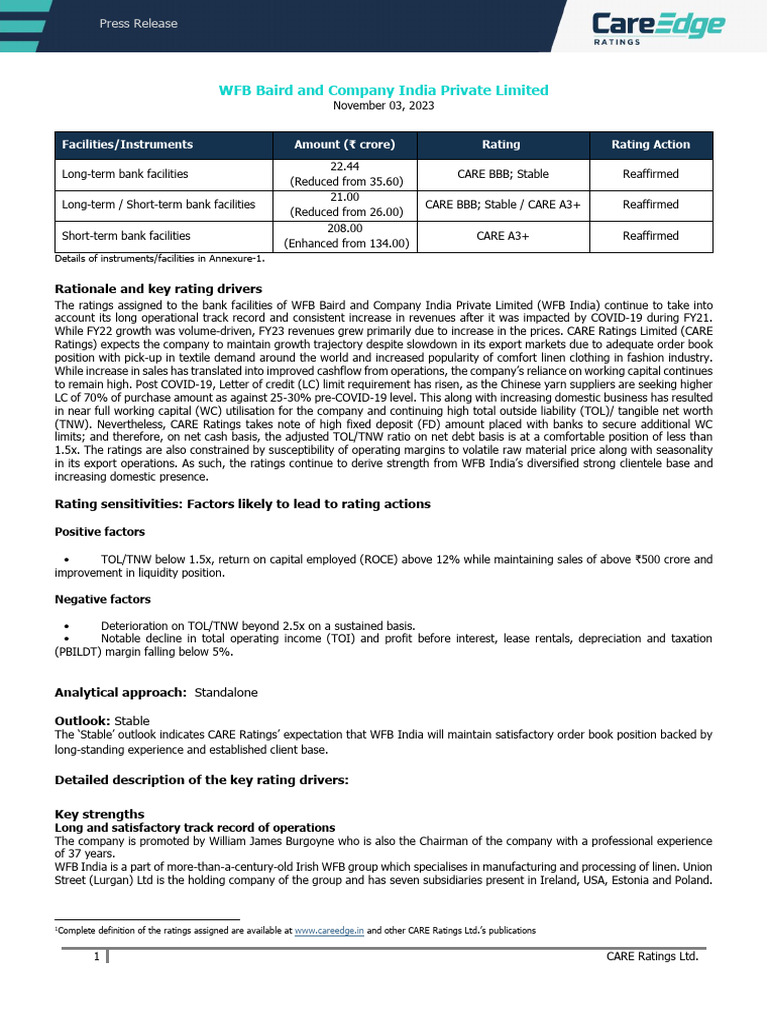 WFB Baird and Company India Private Limited | PDF | Textiles | Banks