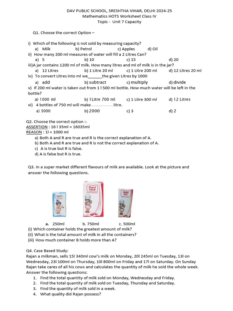 HOTS WORKSHEET CLASS 4 Unit-7 Capacity | PDF