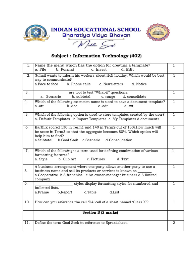 IT PreBoard Worksheet | PDF | Spreadsheet | Computing
