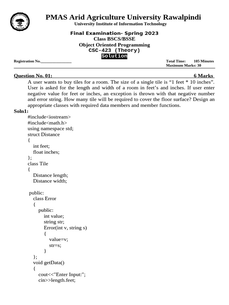 OOP_Spring23_Final Paper Soln | PDF | Area | Complex Number
