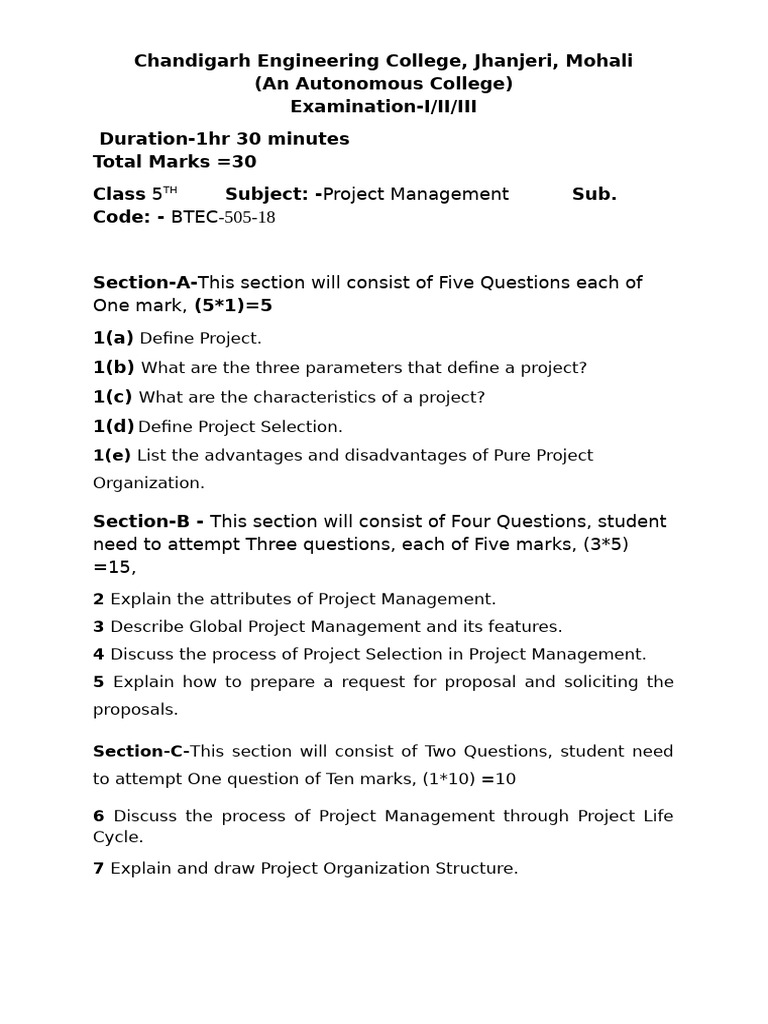 Project Management Examination - 1 (CEC) | PDF