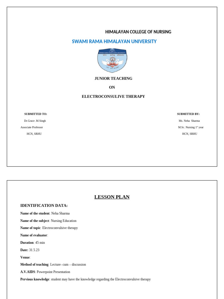 Lesson Plan on ECT | PDF | Electroconvulsive Therapy | Major Depressive ...