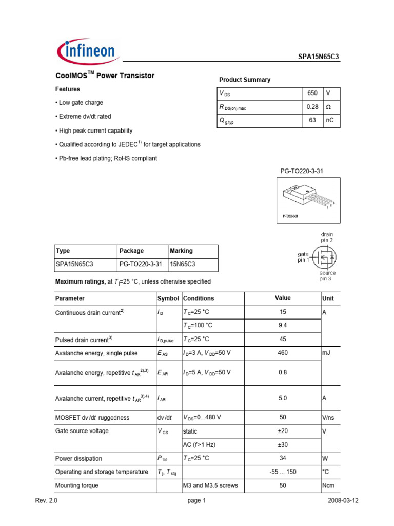 15N65C3 Infineon Technologies | PDF | Diode | Field Effect Transistor