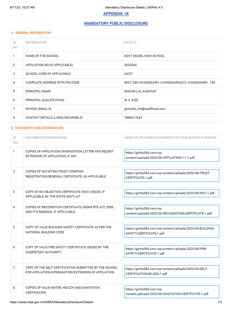 Mandatory Disclosure for Govt Model High School | PDF