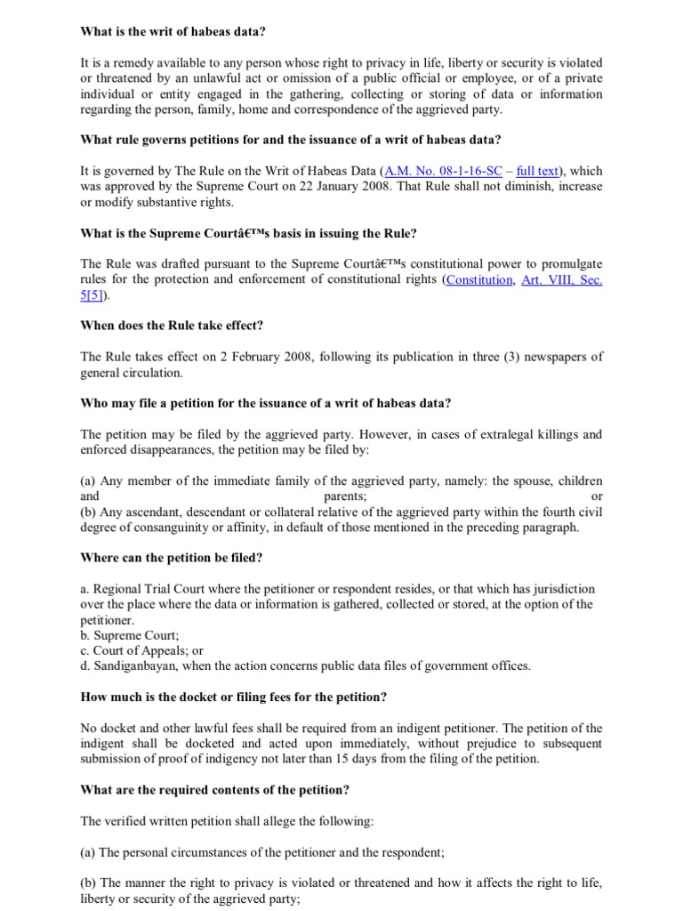 The Writ of Habeas Data Explained by Chief Justice Reynato Puno | PDF ...