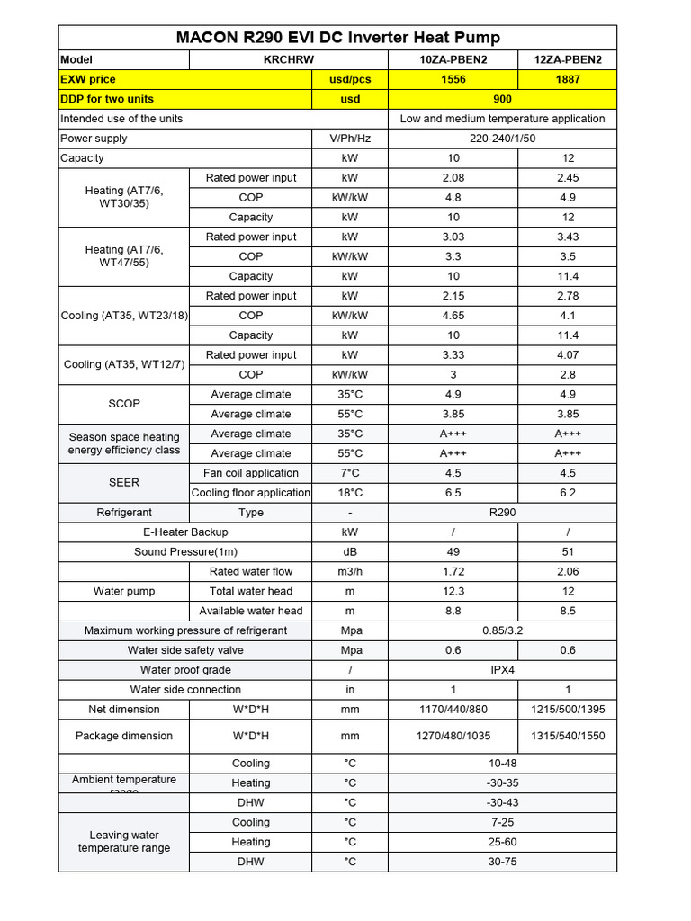 Quotation for 10KW and 12KW EVI inverter R290 heat pump | PDF | Air ...