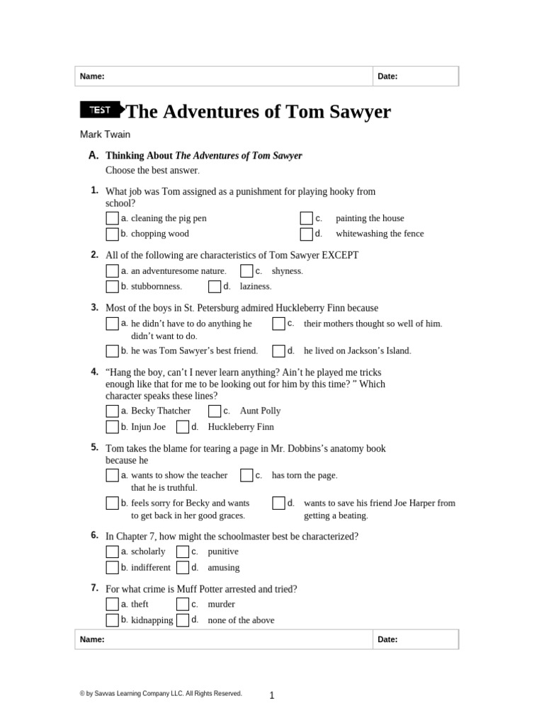 Adventures of Tom Sawyer Test | PDF | The Adventures Of Tom Sawyer ...