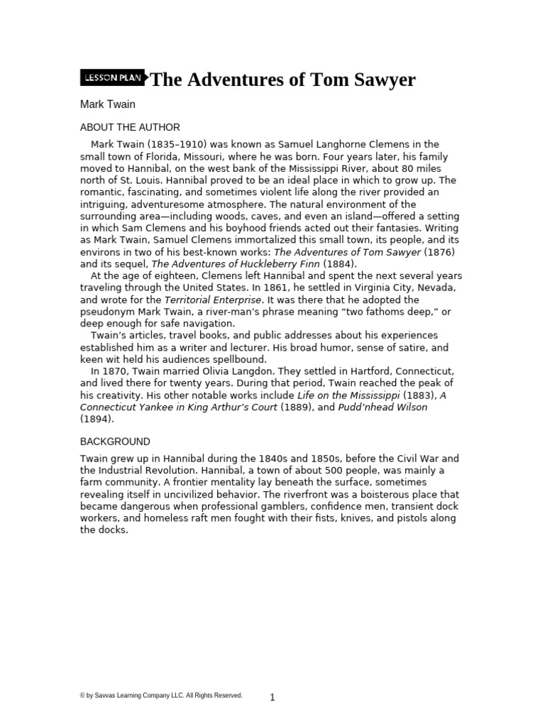 Adventures of Tom Sawyer Reading Guide | PDF | The Adventures Of Tom ...