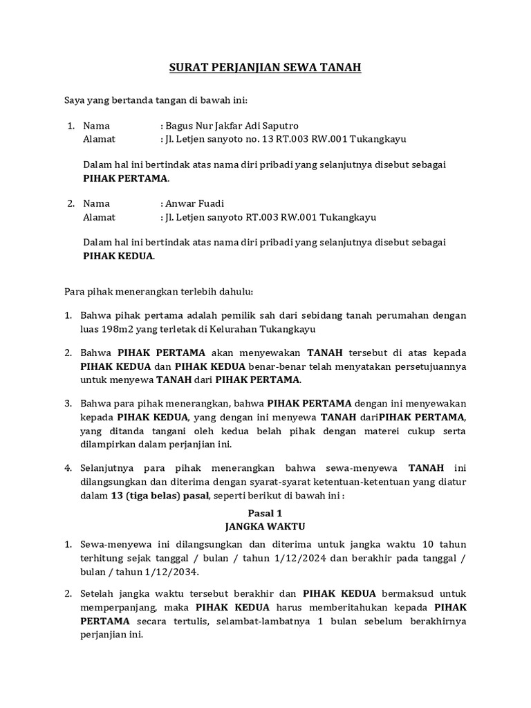 Surat Perjanjian Sewa Tanah | PDF