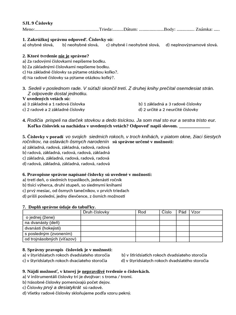 SJL 9 Cislovky 1 | PDF