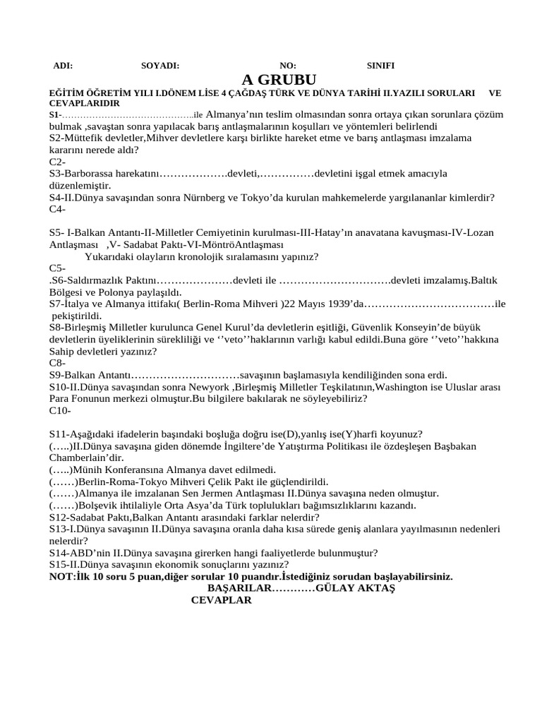 12 Sinif Cagdas Turk Ve Dunya Tarihi 1 Donem 2 Yazili | PDF