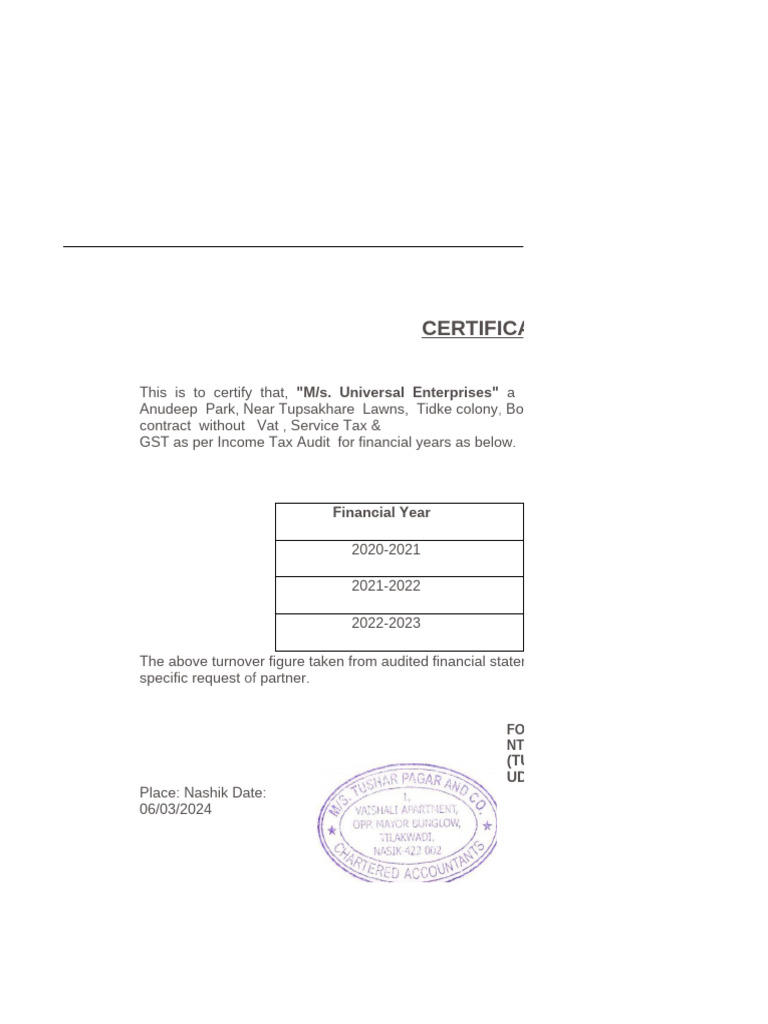 Turnover Certificate (1) | PDF | Audit | Financial Services