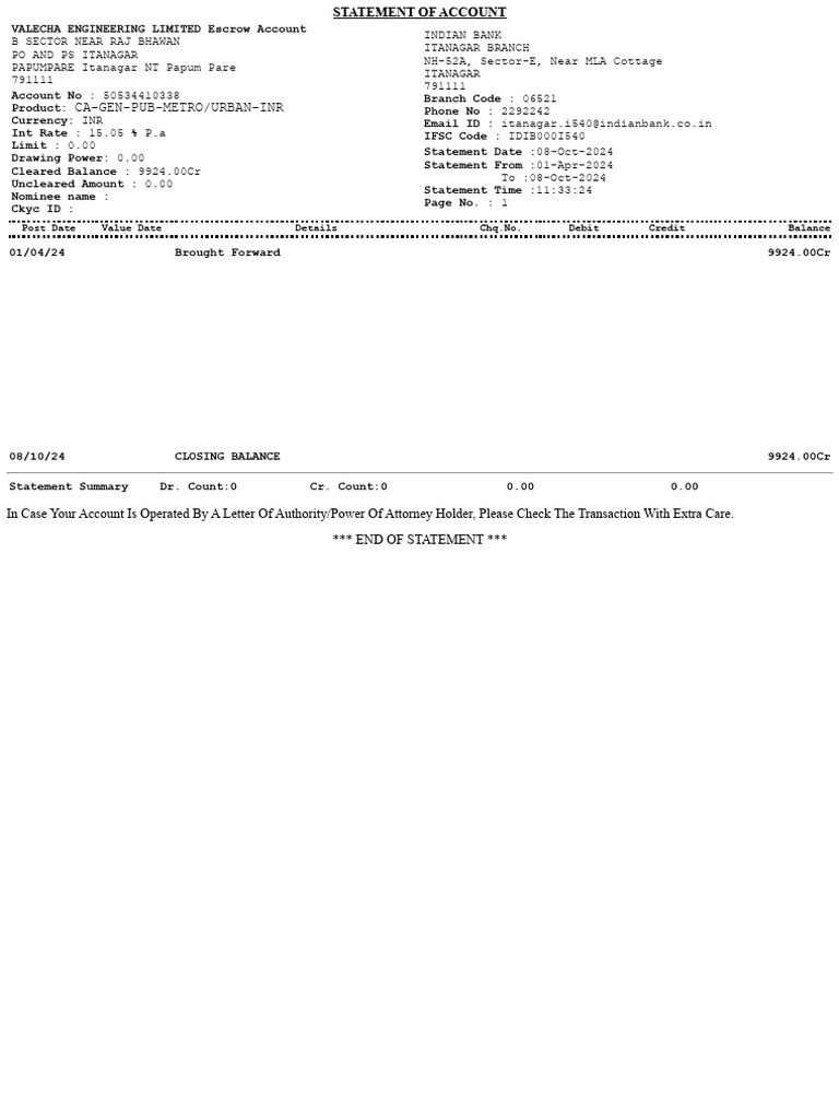 Indian Bank Account Statement Sample | PDF
