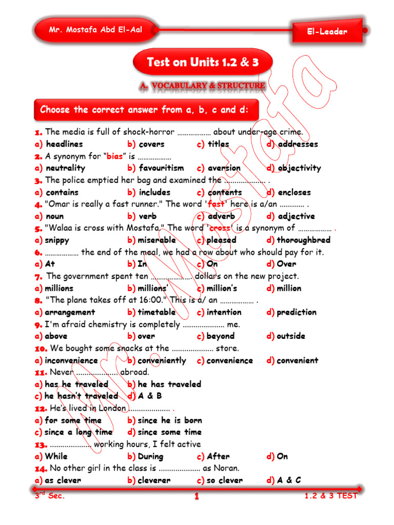 1 2 3+Exam+3rd+Sec +MR +Mostafa+Abd+El-Aal | PDF | Vegetables