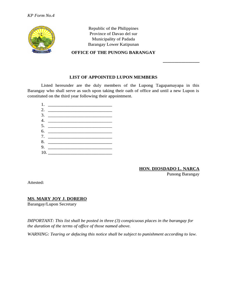 4 - List of Appointed Lupon Members | PDF