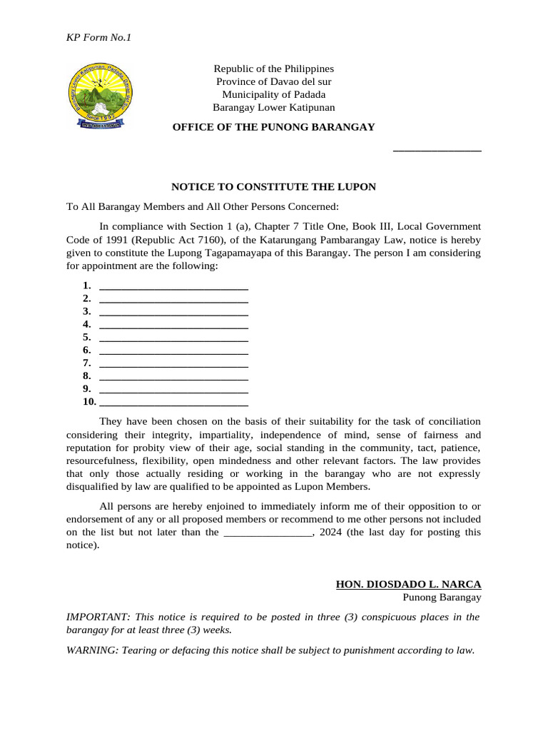 1 - Notice To Constitute The Lupon | PDF