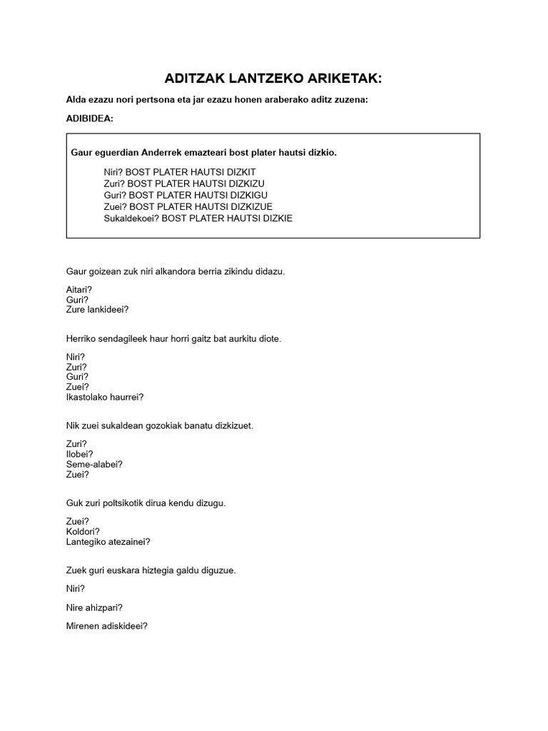 Aditzak Lantzeko Ariketak | PDF