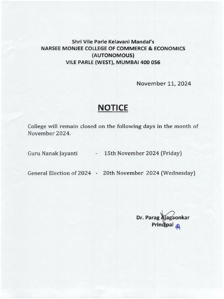 Public Holiday Notice - November 2024 | PDF