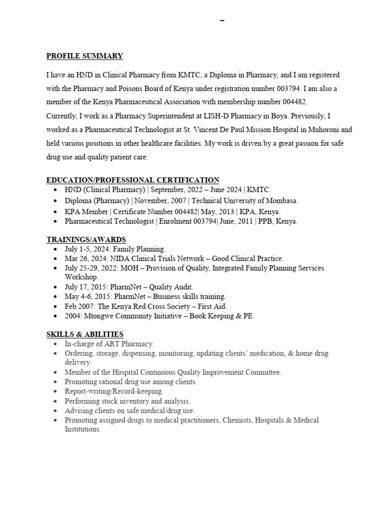 DOROTHY KASEU -CV | PDF | Pharmacy | Pharmacology