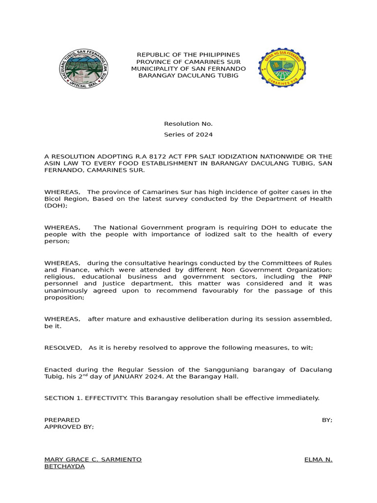 Daculang Tubig Adopts Asin Law Resolution | PDF