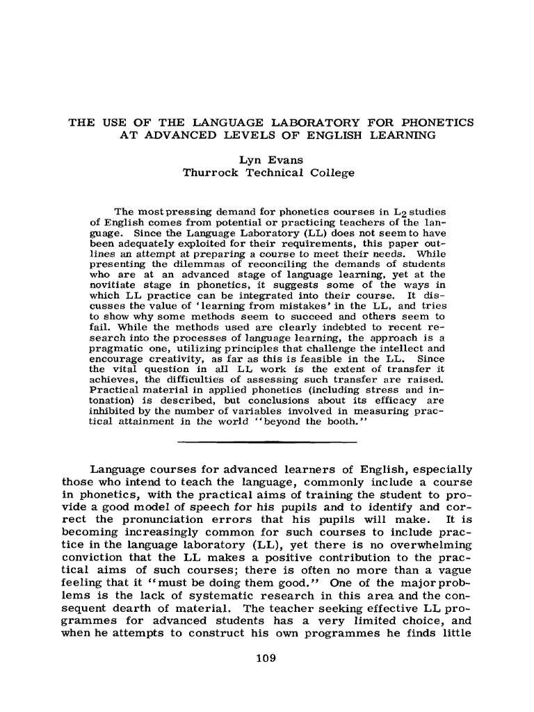 The Use of The Language Laboratory For Phonetics at Advanced Levels of ...