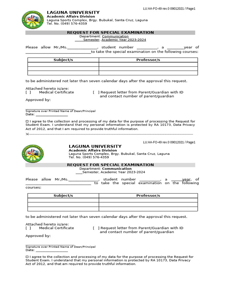 BLANK FORM LU AA FO 49 Request for Special Exam | PDF | Qualifications