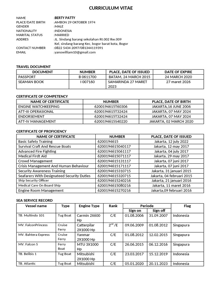 Berty Patty's Comprehensive CV | PDF | Watercraft | Ships