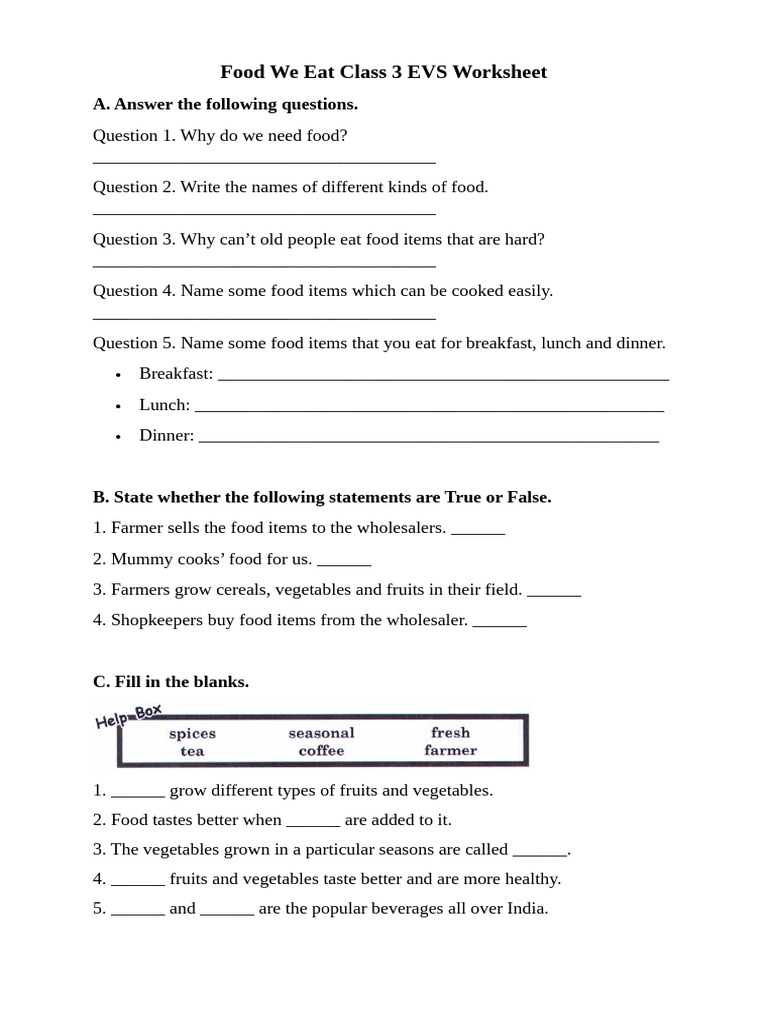 Food We Eat Class 3 EVS Worksheet | PDF | Foods | Vegetables