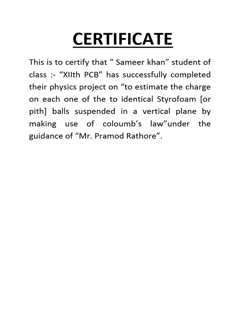 Physics Project Certificate for Sameer Khan | PDF