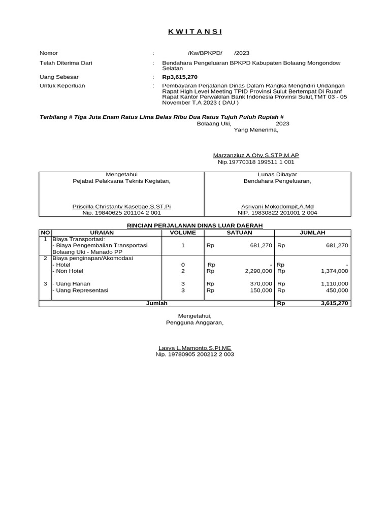 1 Kwitansi Perjalanan Dinas | PDF