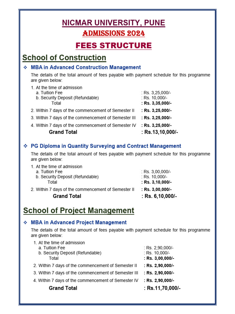 NICMAR University Fee Structure 2024 | PDF