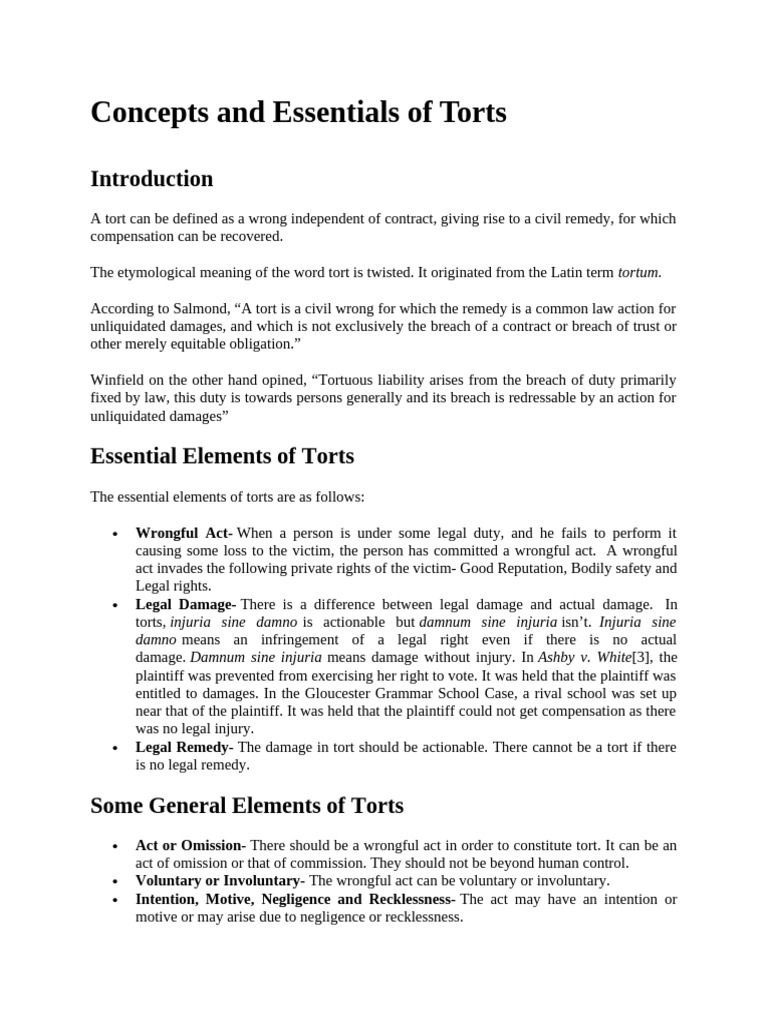 Concepts and Essentials of Torts | PDF | Tort | Damages
