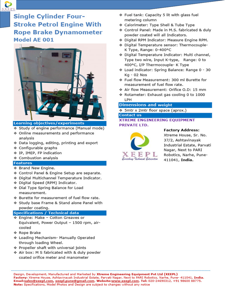 AE 001 Single Cylinder Four-stroke petrol engine with Rope brake ...