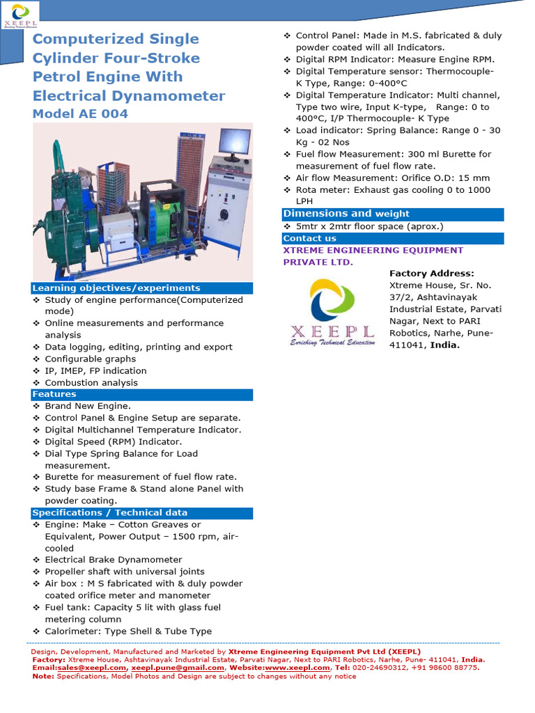 AE 004 Computerised Single Cylinder Four-stroke petrol engine with electrical dynamometer | PDF ...