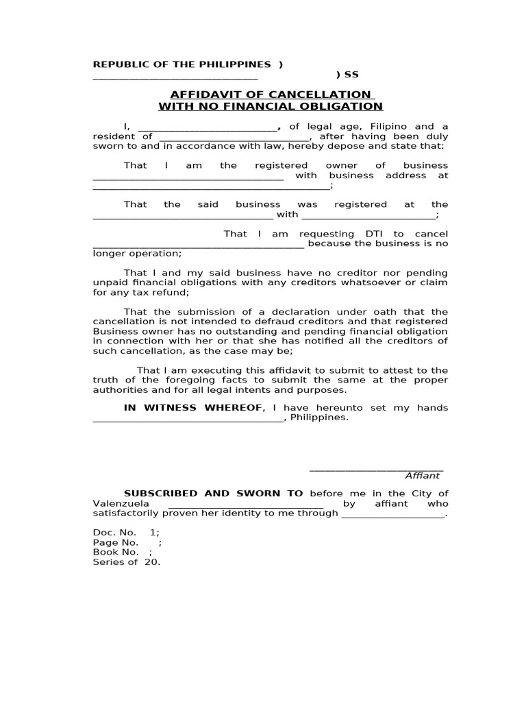 Affidavit of Cancellation With No Financial Obligation | PDF