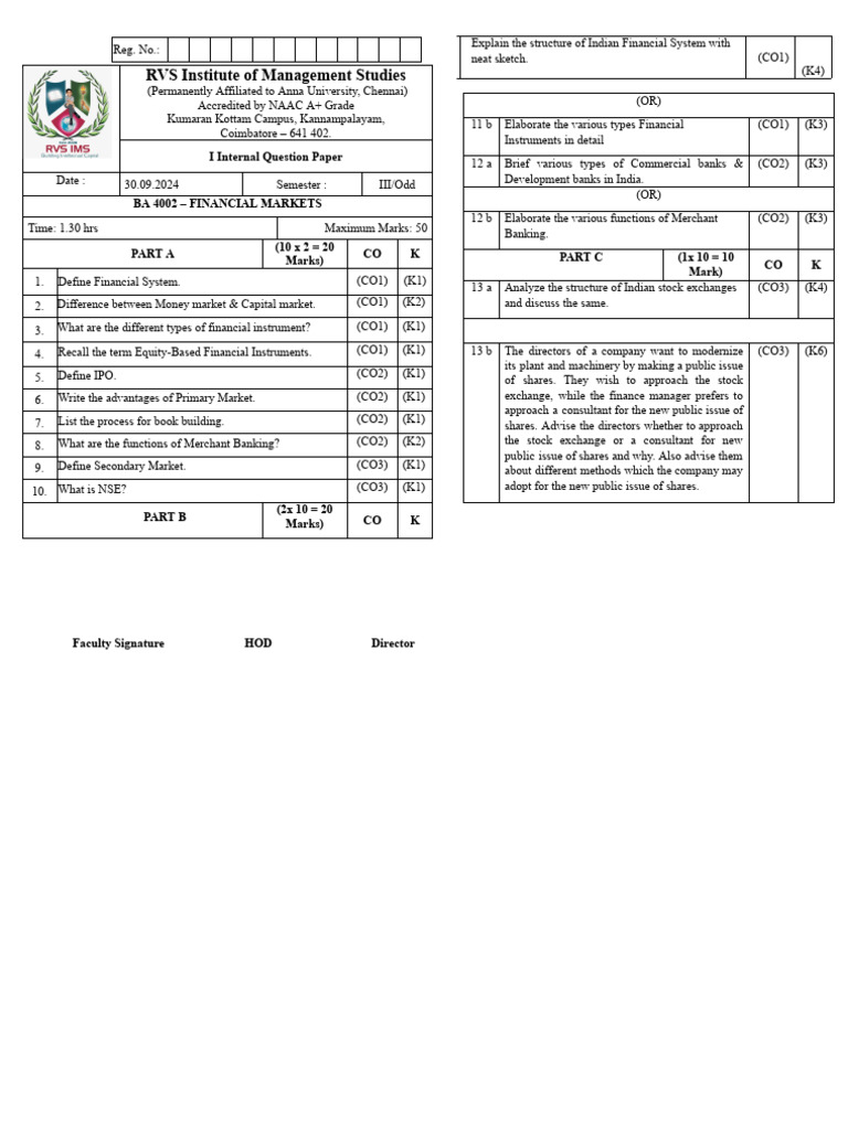 I Internal FM QP 2024..doc | PDF | Financial Markets | Corporations