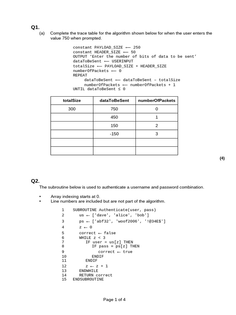 Trace Tables Ppq And Ms Pdf Algorithms Applied Mathematics 