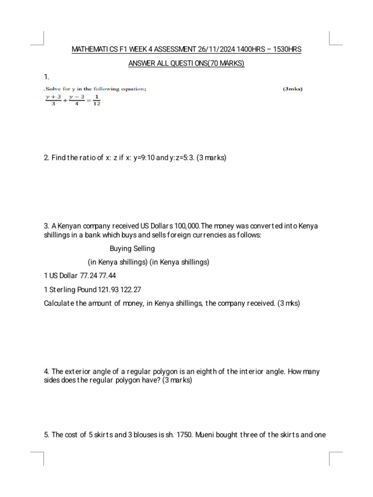 Mathematics f1 Week 4 Assessment | PDF | Currency | Foreign Exchange Market
