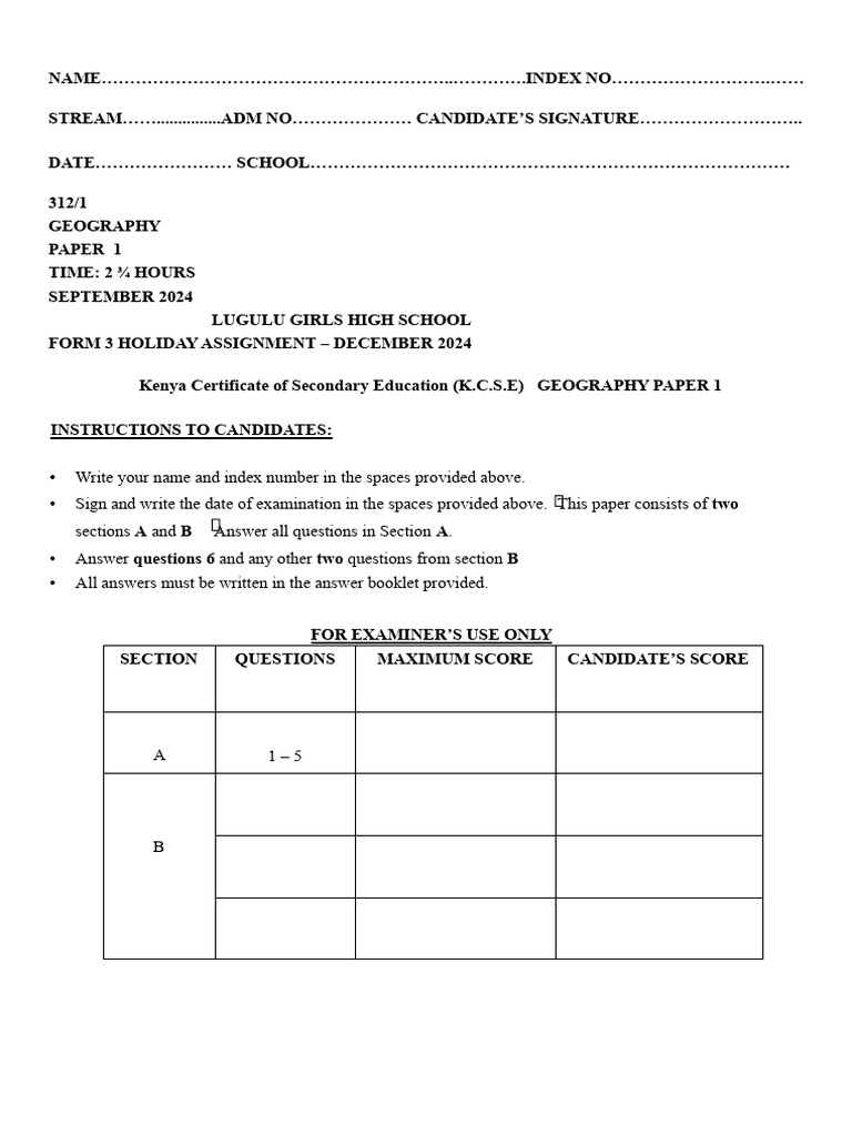 F3 Geo December Assignment Assignments - Form 3 - Geography | PDF | Rock (Geology) | Vegetation