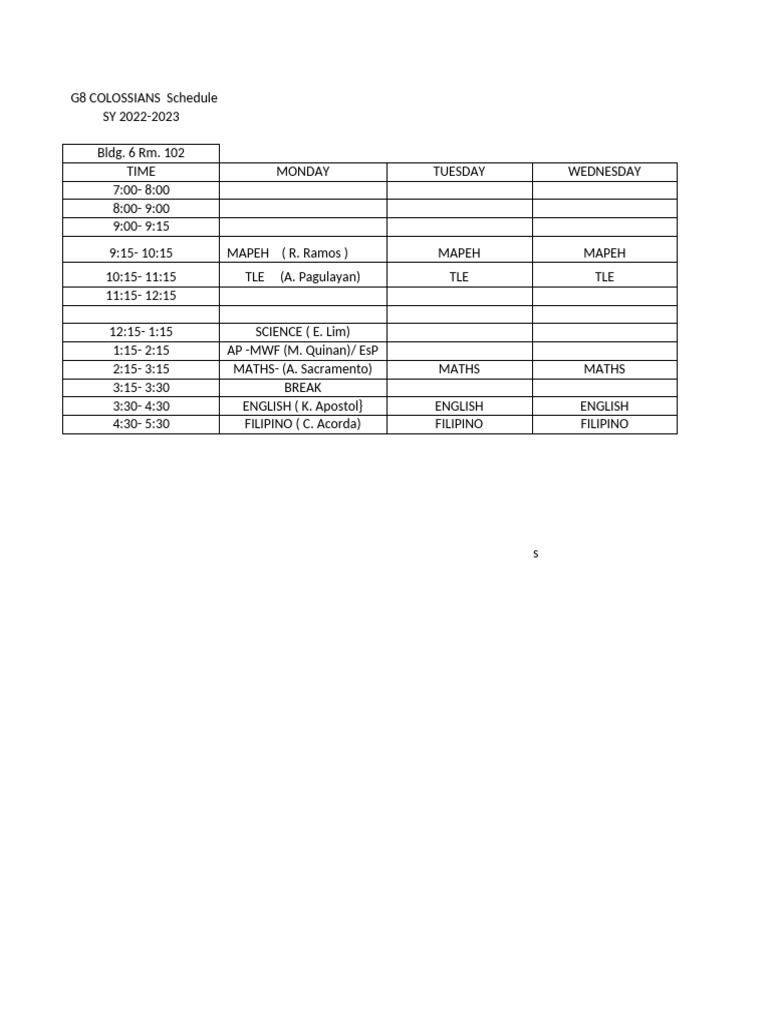 G8 Colossians Class Schedule 2022-23 | PDF