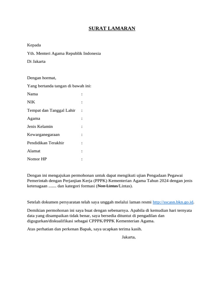 Surat Lamaran PPPK Kementerian Agama 2024 | PDF
