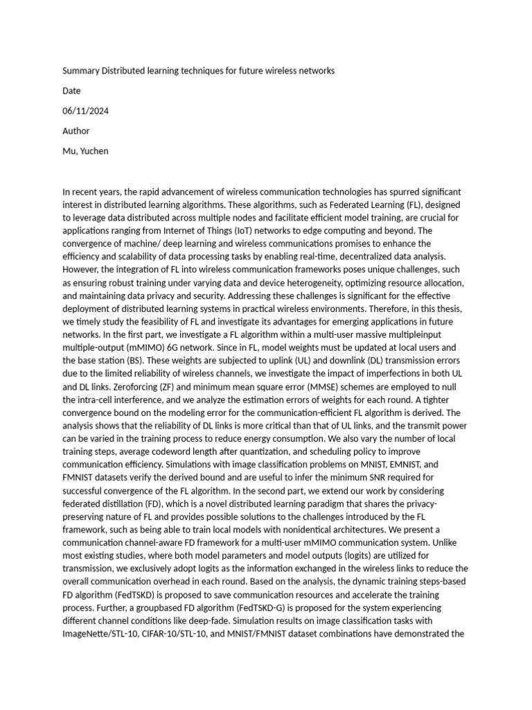 Summary Distributed Learning Techniques For Future Wireless Networks Pdf Computer Network 